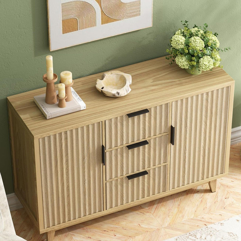 Ebern Designs 47.2" W Storage Cabinet with 3 Drawers, Fluted Buffet Cabinet with Storage, Large ...